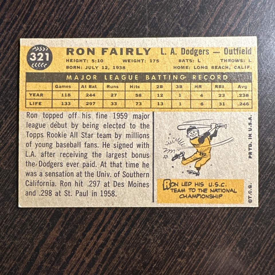 1960 TOPPS #321 RON FAIRLY LOS ANGELES DODGERS NM *Hot Corner Vintage ...