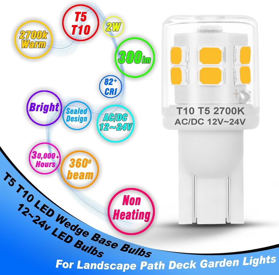 T5 T10 LED Wedge Base Bulbs, - 6 count (Pack of 1), 2700k Warm White | eBay