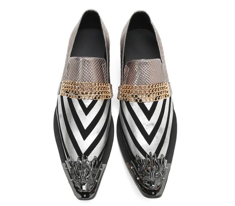 Men's Fashion Pointy Toe Metal Chain Textured Leather Shoes Youth Party ...