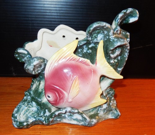 VTG ANGELFISH FISH RIDING WAVES WALL POCKET WINDOWSILL PLANTER VASE ...