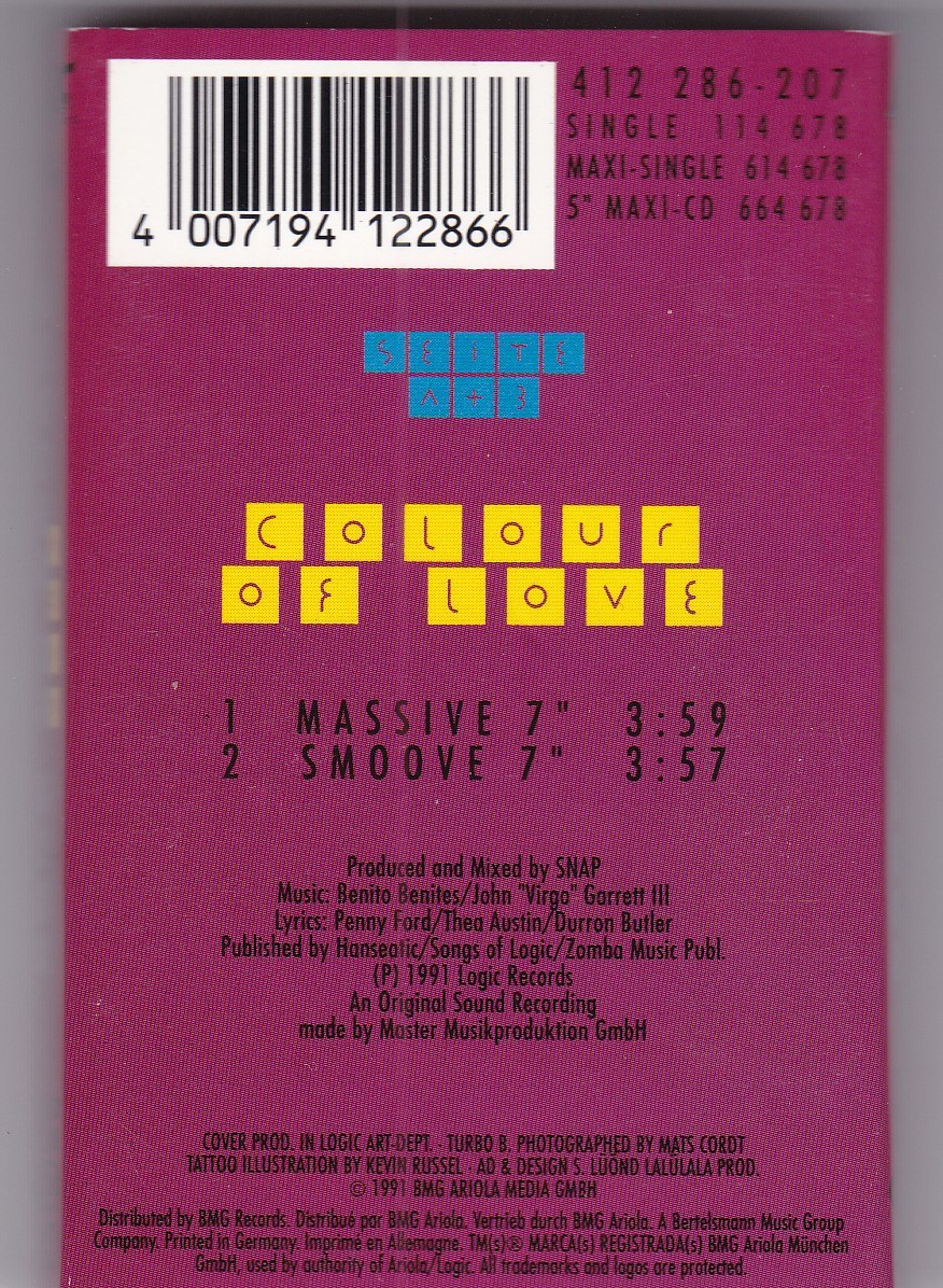 SNAP - COLOUR OF LOVE MC SINGLE 2 TRACK 7" GERMANY © 1991 AUDIO ...