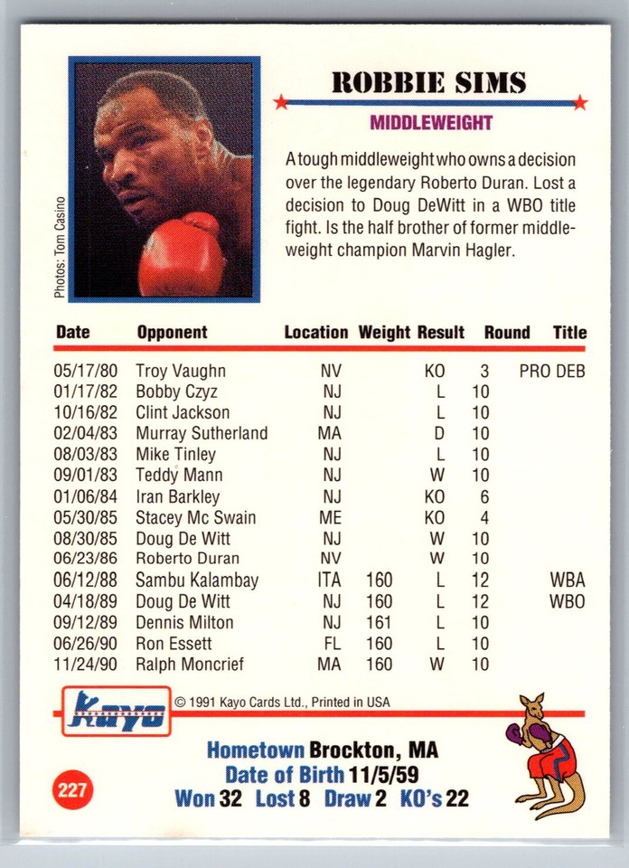 1991 Kayo Boxing Robbie Sims #227 | eBay