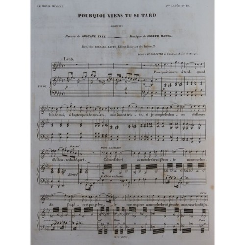 BATTA Joseph Pourquoi viens tu si tard Chant Piano ca1840 | eBay