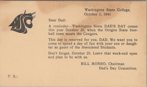 Washington State College Dad's Day Football 1941 Oregon State postal ...