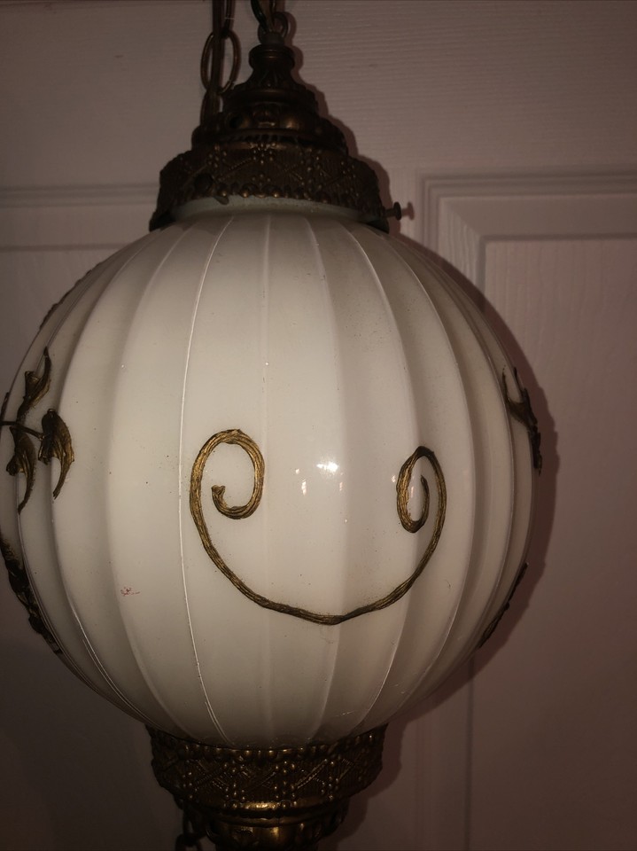 VTG Carl Falkenstein Hanging Swag Lamp white Glass Gold texture Mid ...