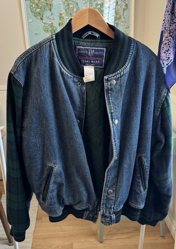 GAP Vintage 90s Denim Green Plaid Varsity Bomber Jacket Size L | eBay