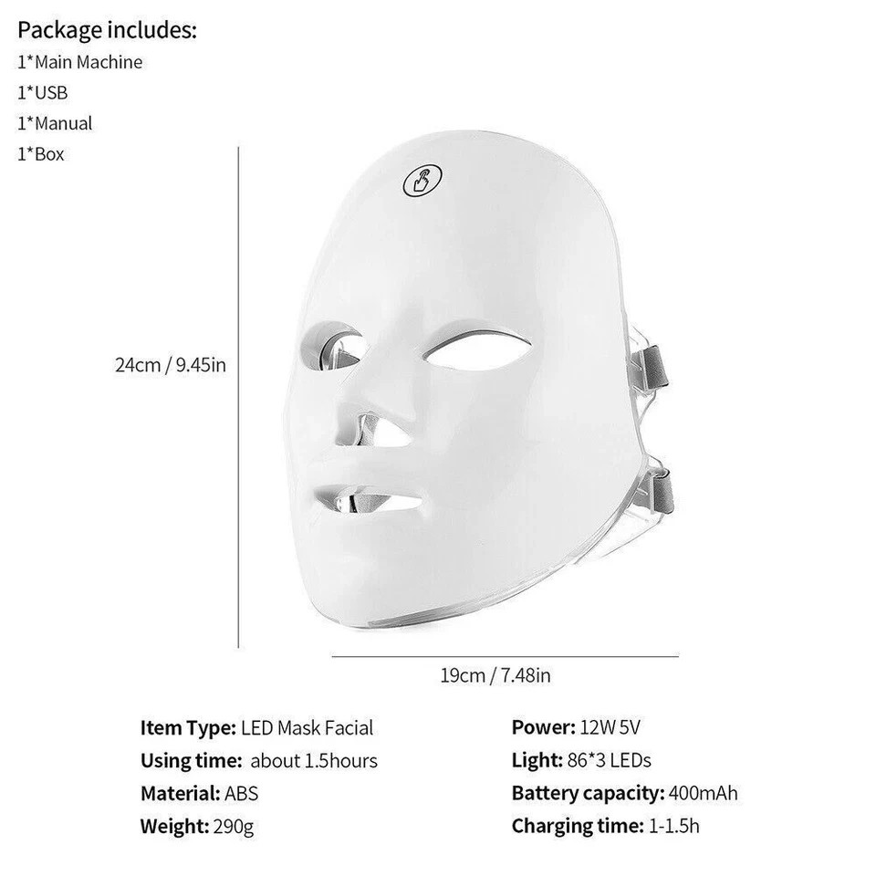 LED Facial Mask 7 Color Red Light Therapy Skin Care Beauty Mask Anti ...