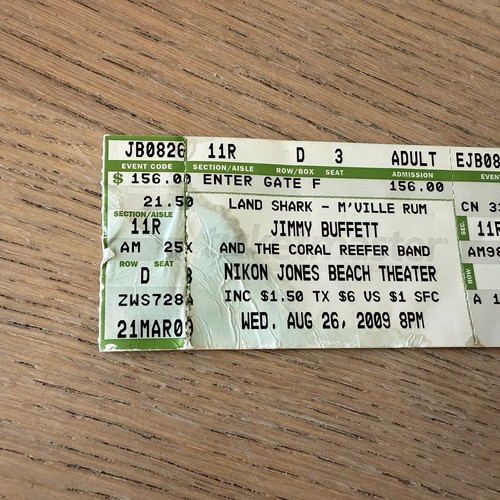 Jimmy Buffett Coral Reefer Band Ticket Stub Aug 26 2009 Jones Beach ...