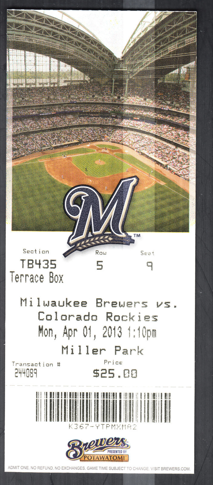 Milwaukee Brewers vs Colorado Rockies April 1 2013 Full Ticket Stub ...