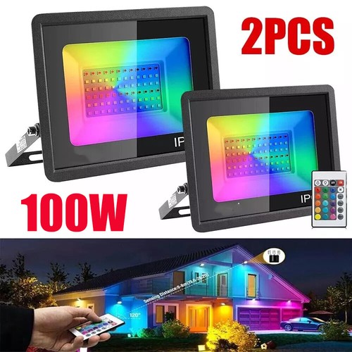 2X 100W LED Floodlight RGB Color Changing Garden Flood Lights Lamps ...