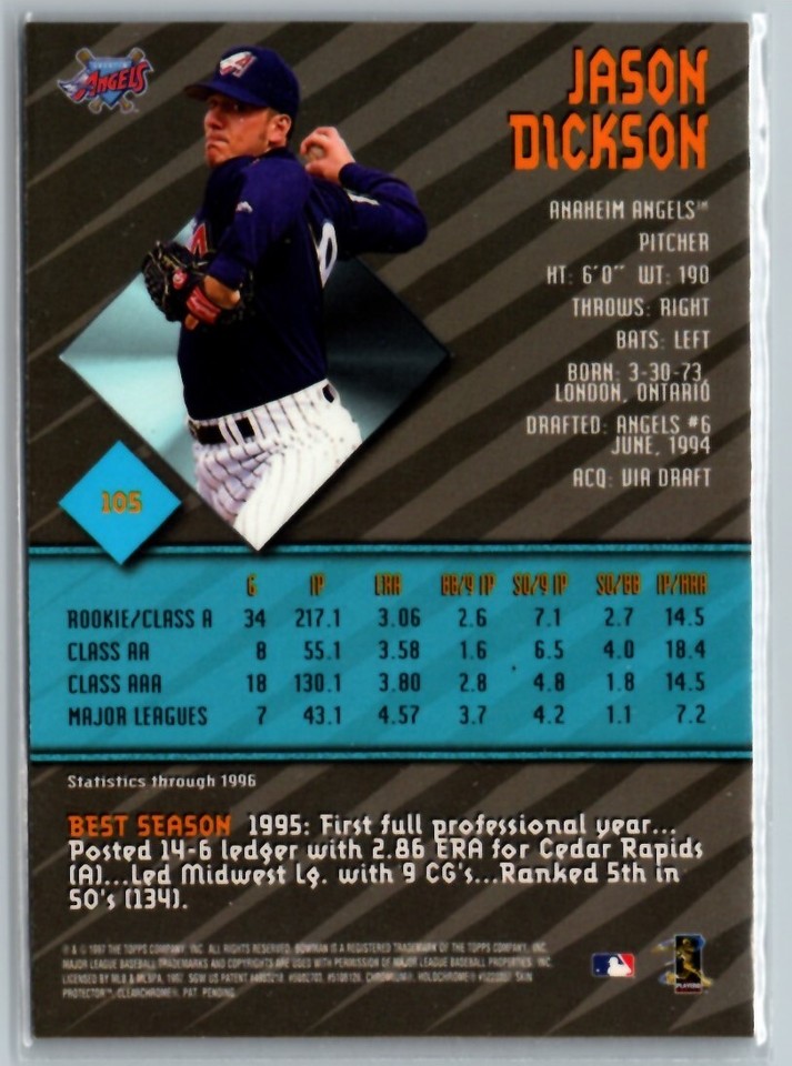 1997 BOWMAN JASON DICKSON ANAHEIM ANGELS #105 | eBay