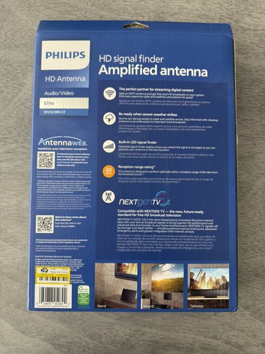Philips Elite Indoor Amplified Signal Finder TV Antenna with 10 ft ...