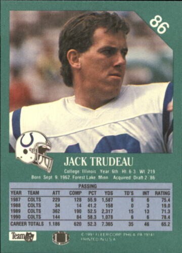 1991 Fleer Football Card #86 Jack Trudeau | eBay