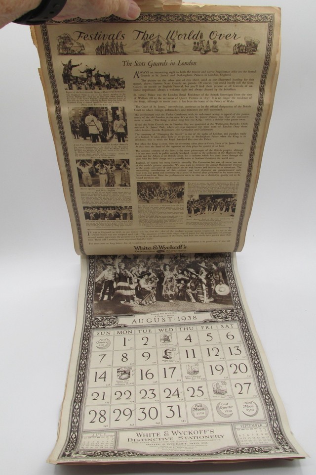 VINTAGE 1938 CALENDAR FESTIVALS OF THE WORLD ADV WHITE & WYCKOFF'S ...