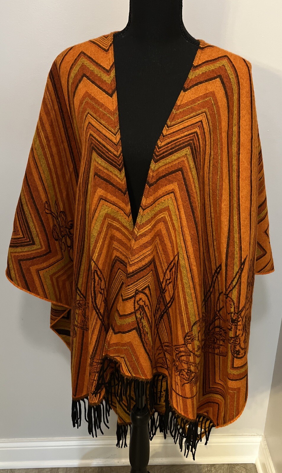 Shawl Poncho Wrap Fringed One Size Made In France Orange Black Cover Up ...