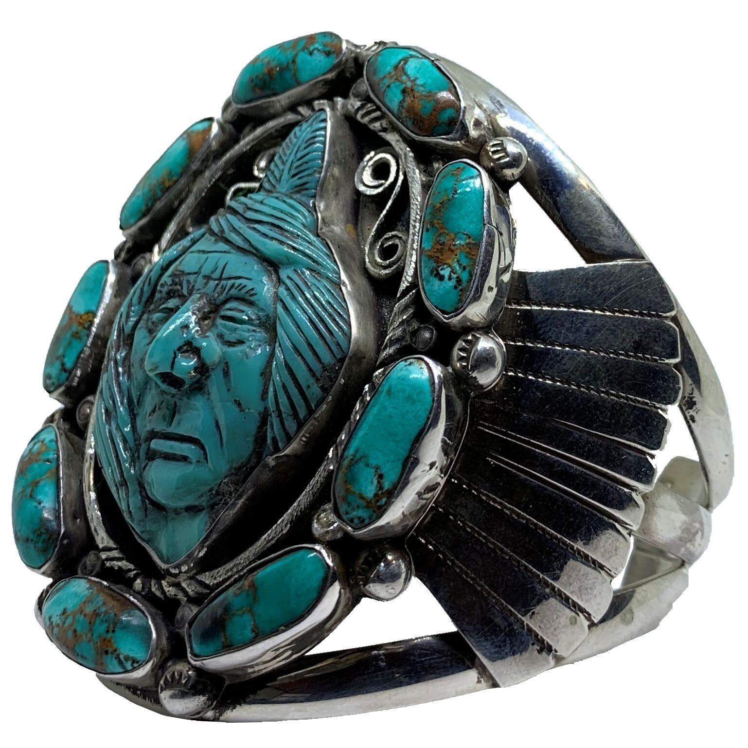 Carved Turquoise Native American Brave + Stones 925 Silver Cuff ...