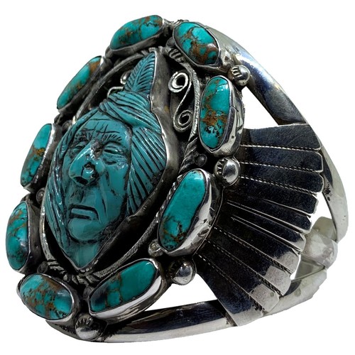 Carved Turquoise Native American Brave + Stones 925 Silver Cuff ...
