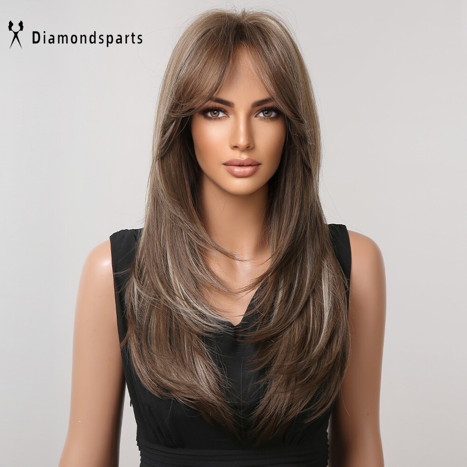23 Inch Honey Brown Mixed Blonde Wigs with Bangs Long Straight Wigs ...