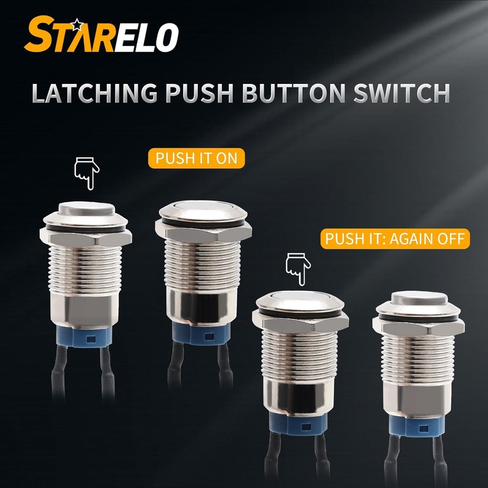 5pcs 12mm Latching Push Button Switch, IP65 Waterproof, Stainless Steel ...