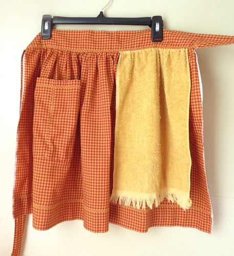 Vintage Handmade Half Apron Red Yellow Gingham Hand Sewn Cross Stitch ...