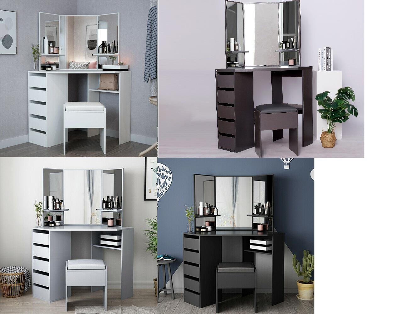 Corner Dressing Table Multi-angle Mirror With Stool Desk 5 Drawers ...