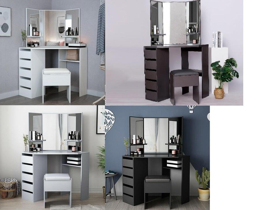 Corner Dressing Table Multi-angle Mirror With Stool Desk 5 Drawers ...
