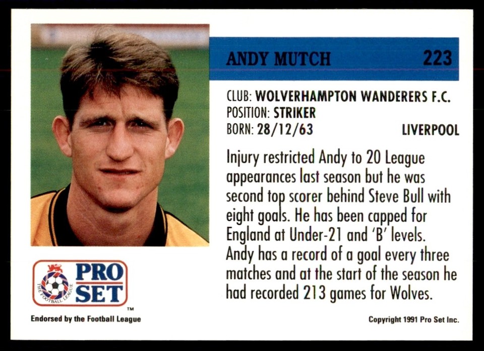 Pro Set Football 1991-1992 Wolverhampton Wanderers Andy Mutch #223 | eBay