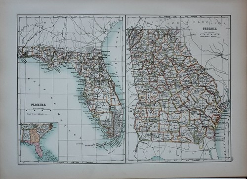 1897 ANTIQUE MAP UNITED STATES FLORIDA MIAMI DADE GEORGIA AUGUSTA ...