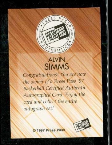 Vintage 1997 PRESS PASS AUTOGRAPH Basketball Card ALVIN SIMMS Cardinals ...