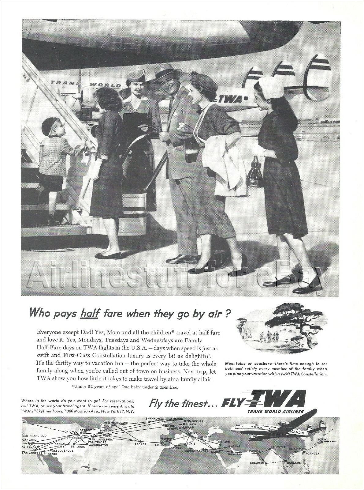1954 TWA Trans World Airlines Lockheed Constellation AD advert airway ...