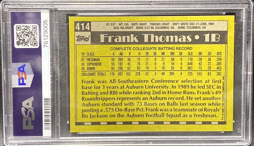 1990 Topps Baseball Frank Thomas Rookie RC #1 Draft Pick #414 PSA 9 ...