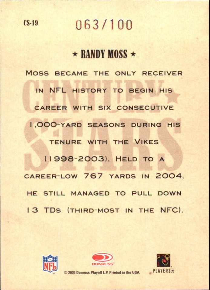 2005 Throwback Threads Century Stars Blue #19 Randy Moss /100 - NM-MT ...