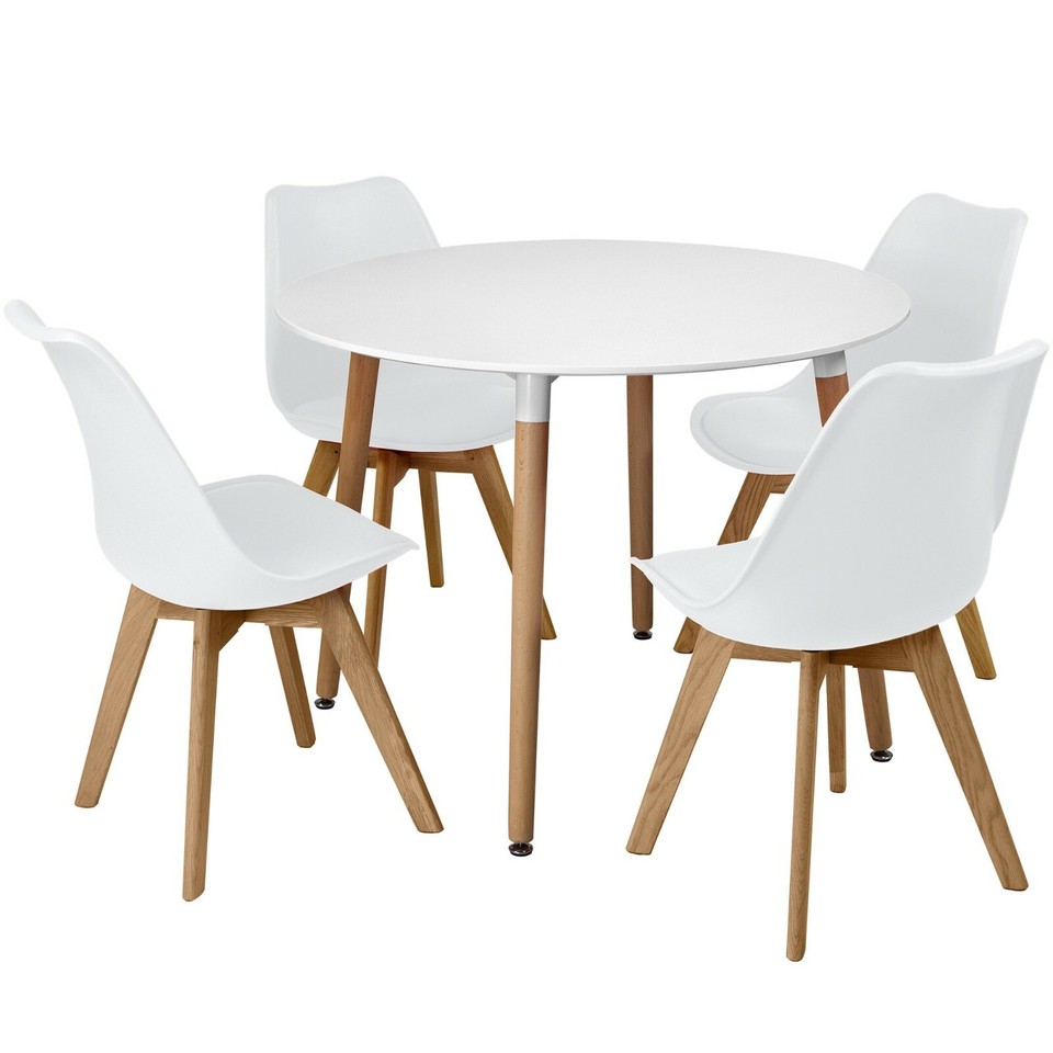 Circular Dining Table White Matte Tabletop Solid Beech Wood Legs 100cm ...