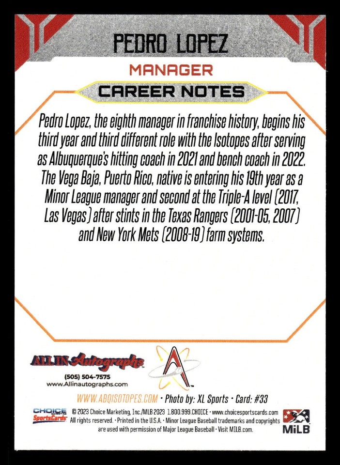 Pedro Lopez 2023 Choice Albuquerque Isotopes #33 Albuquerque Isotopes ...