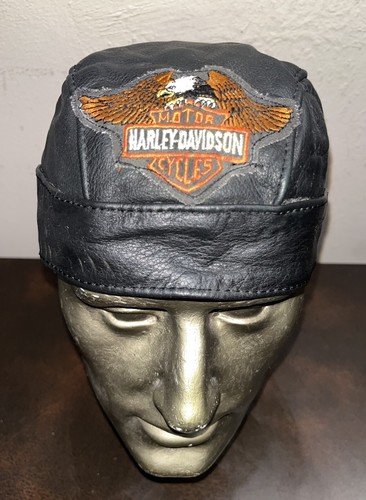 Harley Davidson Leather Skull Cap/Doo Rag, Biker Bandana Vintage Real ...