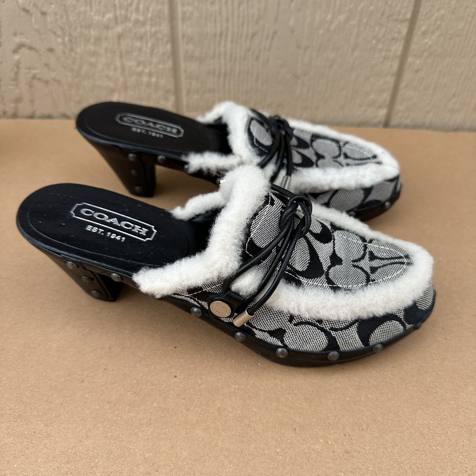 Coach Ruthie Black Canvas Monogram Fur Wooden Heeled … - Gem