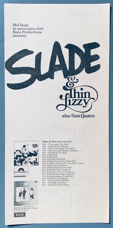 SLADE ALIVE & THIN LIZZY SUZI QUATRO vintage 1972 ADVERT UK CONCERT ...
