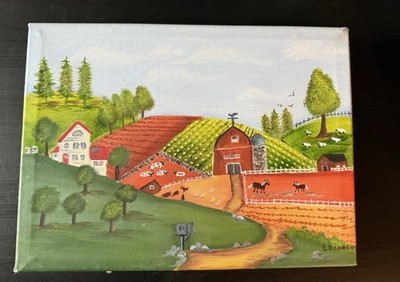 Folk Art Primitive Farm Landscape Painting On Canvas, 9” X 12 ...