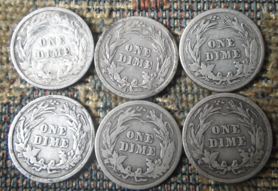 Six Silver Barber Dimes, 1898-1916 1898, 1908, 1911-D, 1914-S, 1915 ...