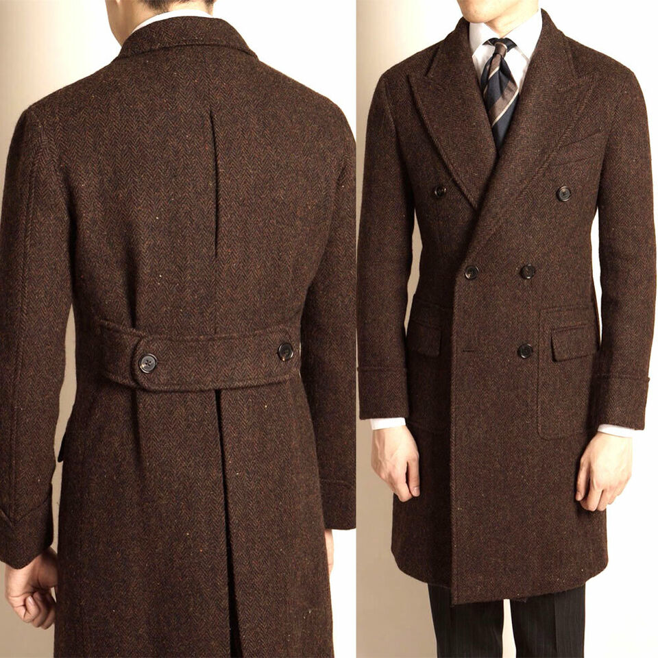 Dark Brown Solid Long Coat Double-breasted With Back Belt Men Formal ...