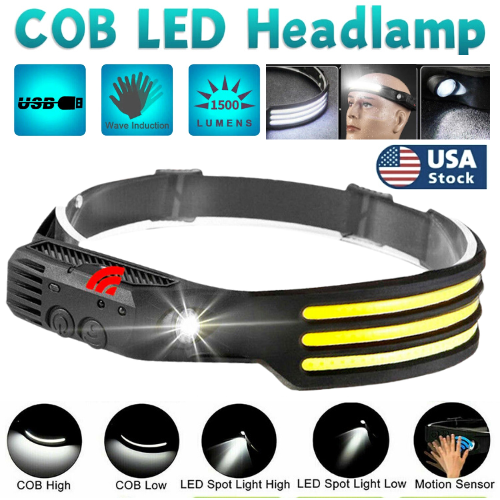 COB LED Headlamp USB Rechargeable Headlight Bar Head Band Torch Work ...