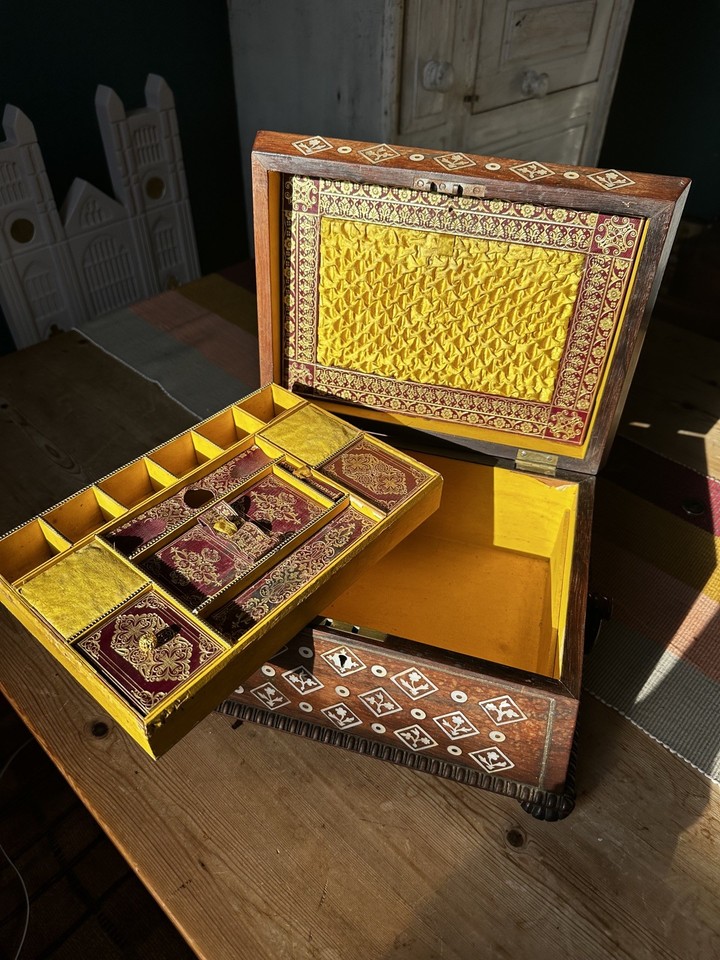 Antique Regency Mother of Pearl & Rosewood Silk Sewing Jewellery Box ...