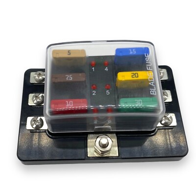 6 WAY FUSE BOX LED INDICATOR WITH 6 MTA FUSES FOR CAR TRUCK RV BOATH ...
