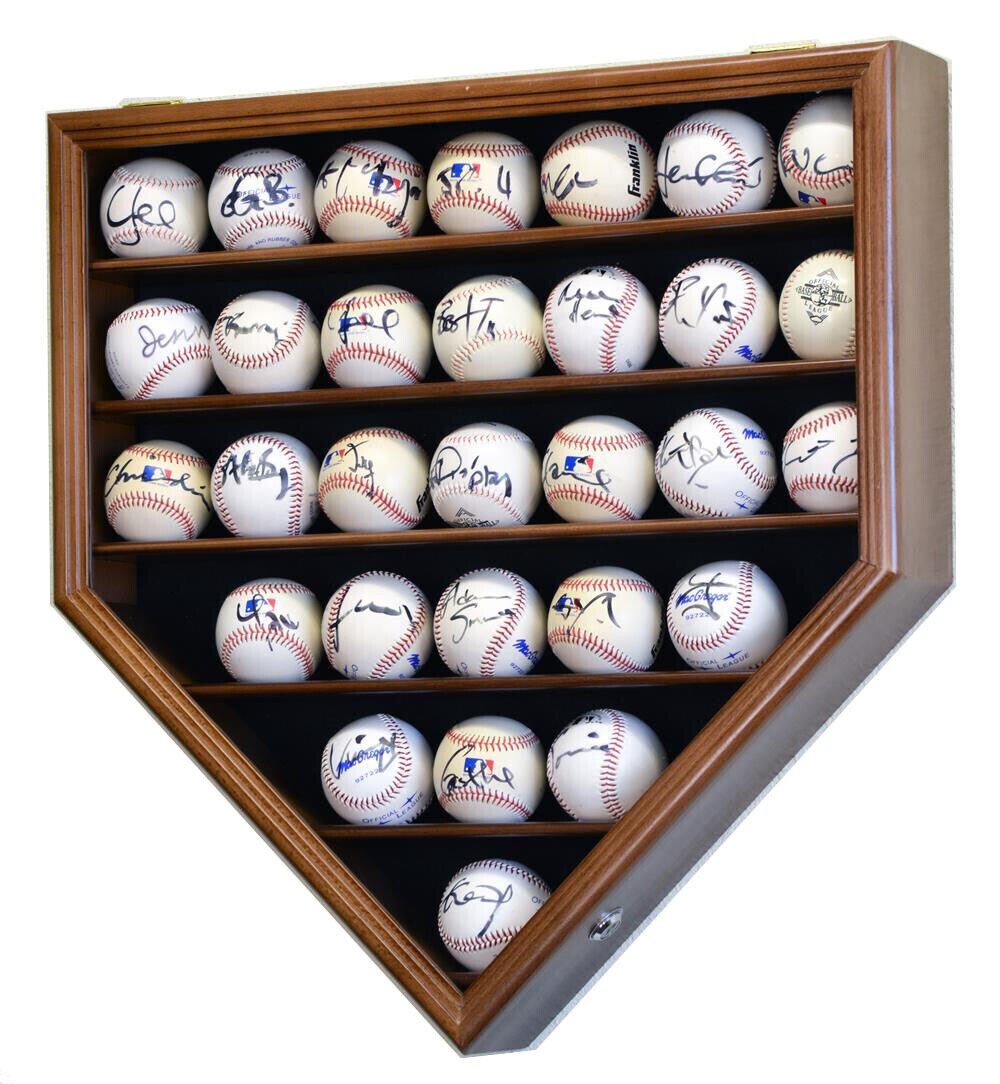 Baseball Display Case 30 Walnut Wood MLB Autograph Ball Rack Holder ...