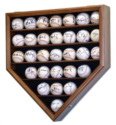 Baseball Display Case 30 Walnut Wood MLB Autograph Ball Rack Holder ...