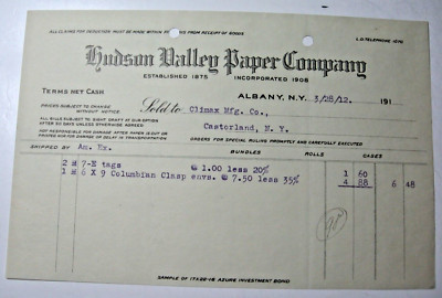 Mar. 28, 1912 Hudson Valley Paper Co.Invoice Sent to Company in ...