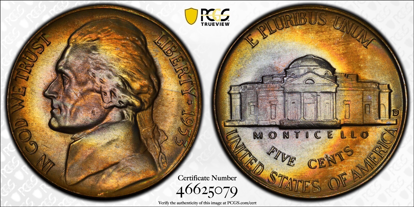 1953-D 5C Jefferson Nickel Rainbow Toning PCGS Genuine UNC Details ...