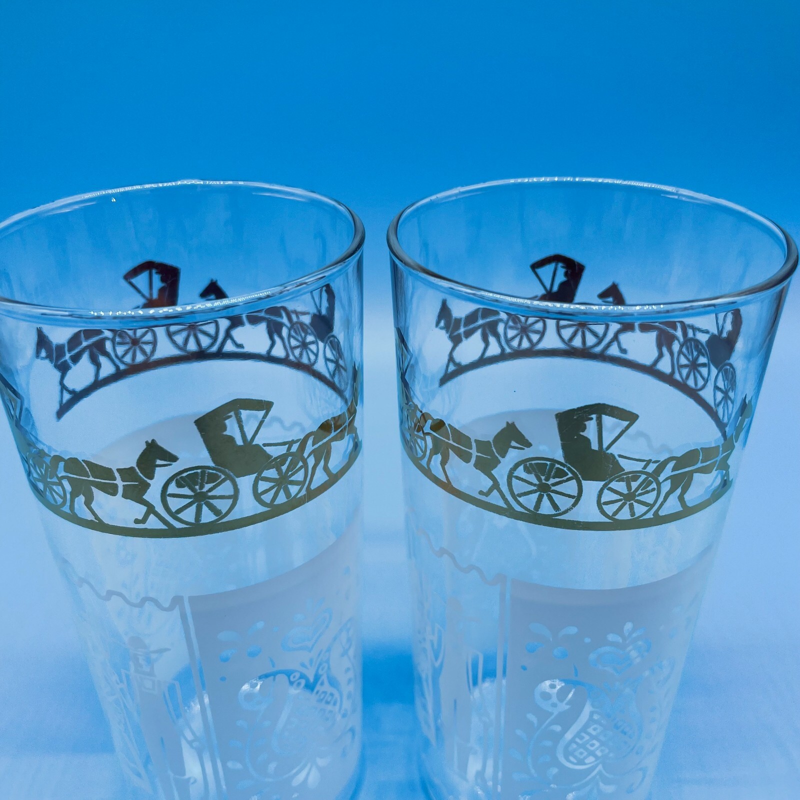 2 Vintage Anchor Hocking Drinking Glasses Amish Print Pyrex Horse Buggy ...