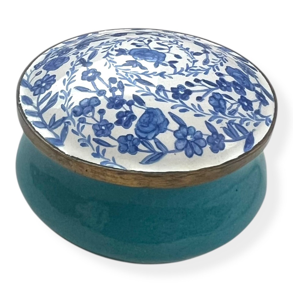 Vintage Cloisonné Pill Box Blue White Floral Enamel Lidded Small ...