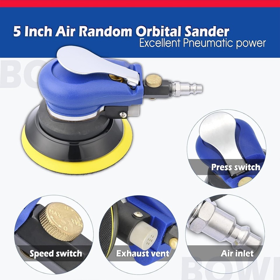 5 Inch Air Random Orbital Sander for Auto Body Work, Pneumatic Palm ...